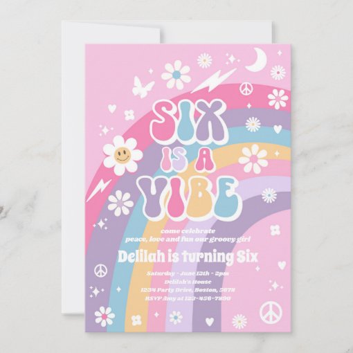 Six Is A Vibe Groovy Hippie Rainbow 6th Birthday Invitation | Zazzle