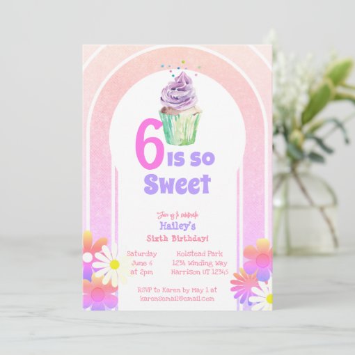 Six is Sweet Colorful Cupcake Sixth Birthday Invitation | Zazzle