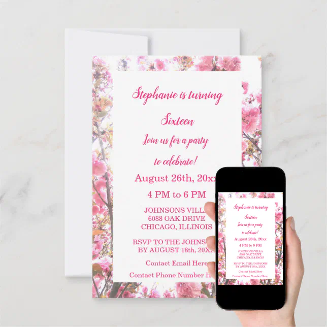 Sixteenth Birthday Hot Pink Cherry Blossom Floral Invitation | Zazzle