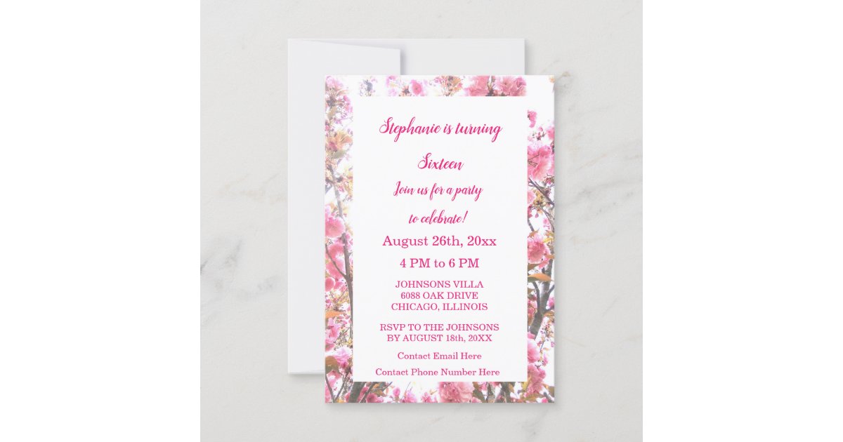 Sixteenth Birthday Hot Pink Cherry Blossom Floral Invitation | Zazzle