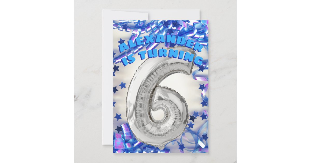 Sixth Birthday Silver and Blue Age 6 Boys Party Invitation | Zazzle