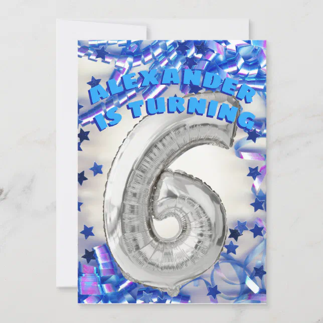 Sixth Birthday Silver and Blue Age 6 Boys Party Invitation | Zazzle