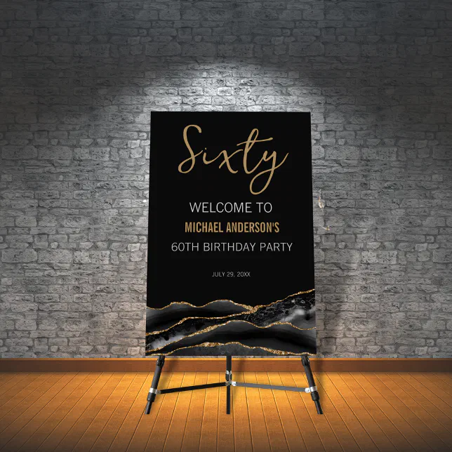 Sixty Black Gold Agate 60th Birthday Welcome Sign | Zazzle