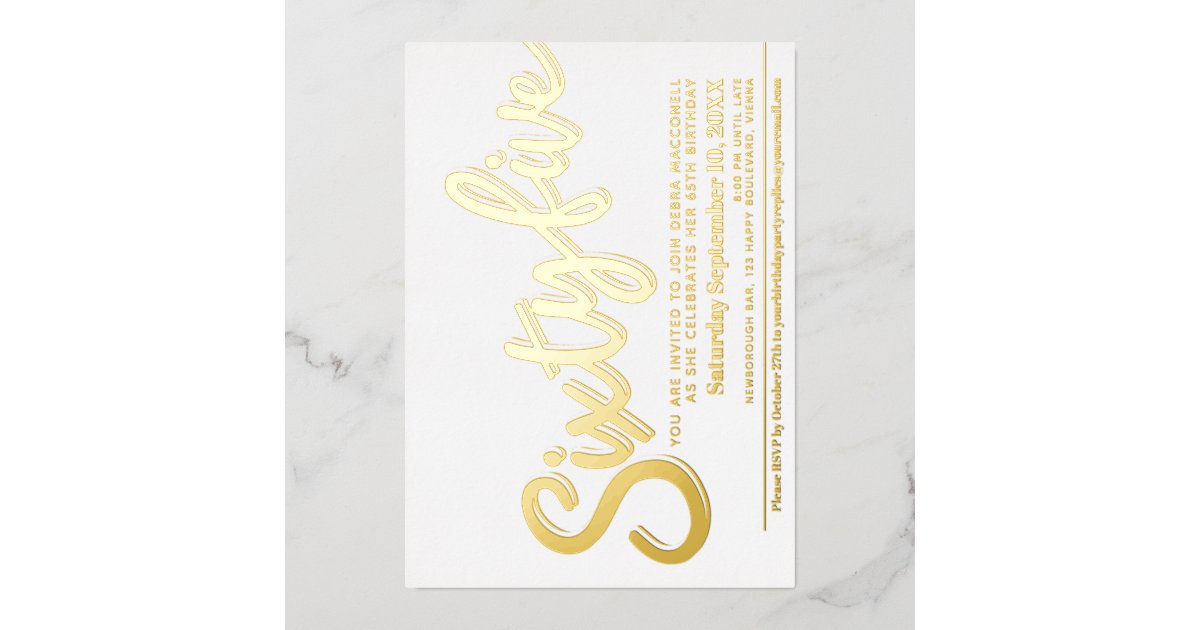 Sixty five 65th Birthday party white gold script Foil Invitation | Zazzle