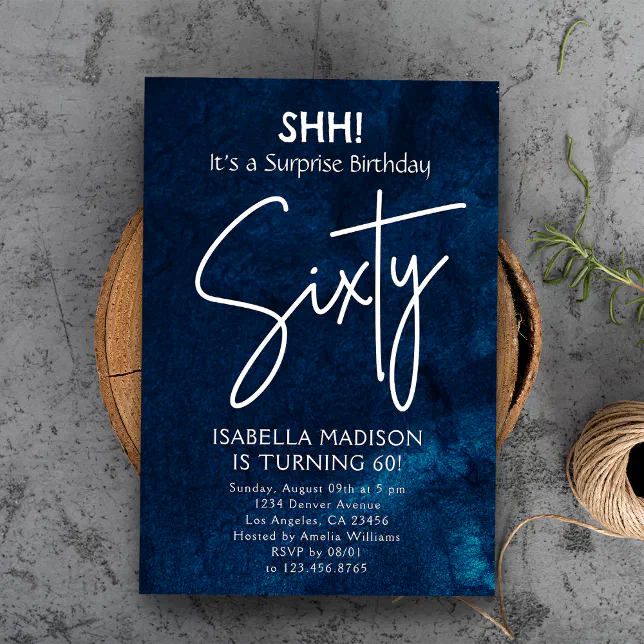 Sixty | Navy Blue 60th Birthday Surprise Party Invitation | Zazzle