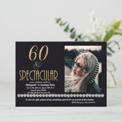 Sixty & Spectacular Gold Silver Diamonds Photo Invitation | Zazzle
