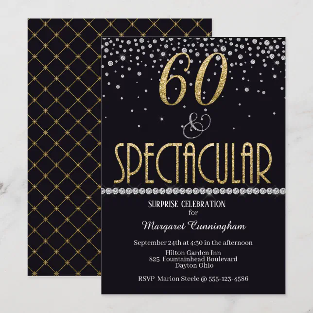 Sixty & Spectacular Gold Silver Diamonds Surprise Invitation | Zazzle
