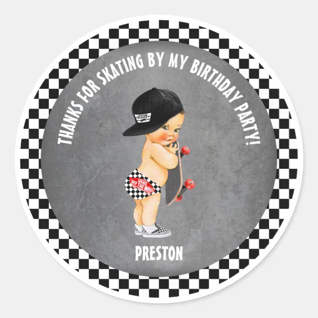 Skateboard Boy Hat Skater Red Gray Black Check Classic Round Sticker ...