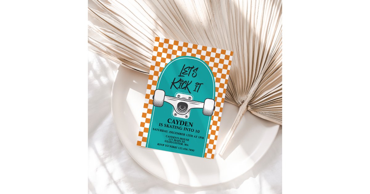 Skateboard Let's Kick It Birthday Invitation | Zazzle