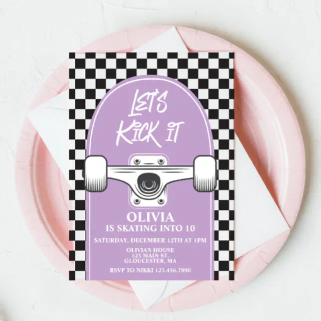 Skateboard Let's Kick It purpl Birthday Invitation | Zazzle