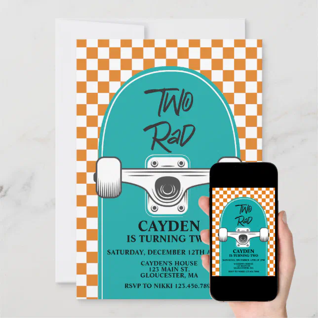 Skateboard two rad 2nd Birthday Invitation | Zazzle