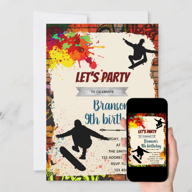 Skateboarding graffiti birthday party invitation | Zazzle