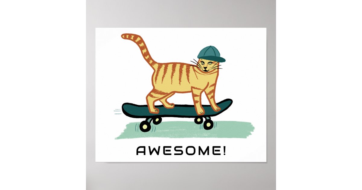 Skateboarding Tabby Cat Cute CUSTOM TEXT Nursery Poster | Zazzle
