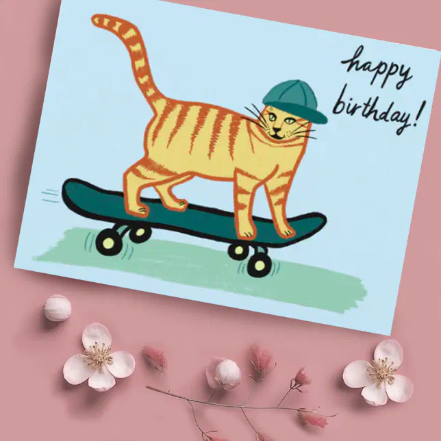 Skateboarding Tabby Cat HAPPY BIRTHDAY Postcard | Zazzle