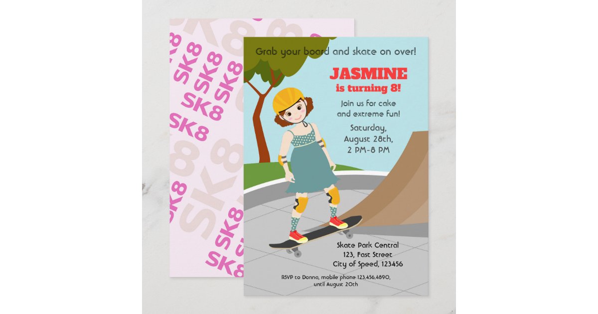 Skater Park Fun Girl Birthday Party Invitation | Zazzle