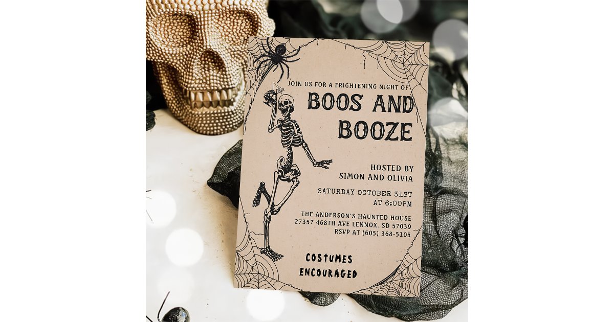 Skeleton Boos & Booze Adult Halloween Party Invitation | Zazzle