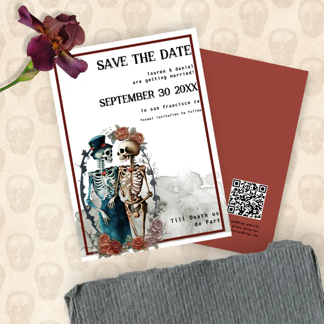 Skeleton Couple QR Code Gothic Wedding Save The Date | Zazzle