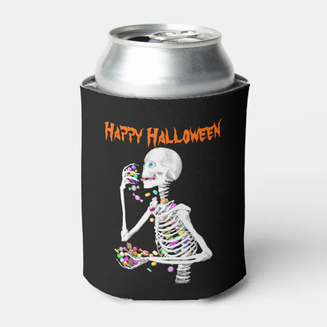 Skeleton Eating Halloween Candy Can Cooler | Zazzle