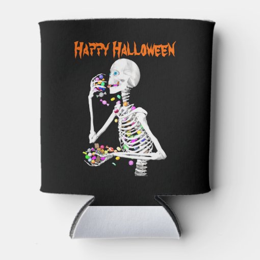 Skeleton Eating Halloween Candy Can Cooler | Zazzle