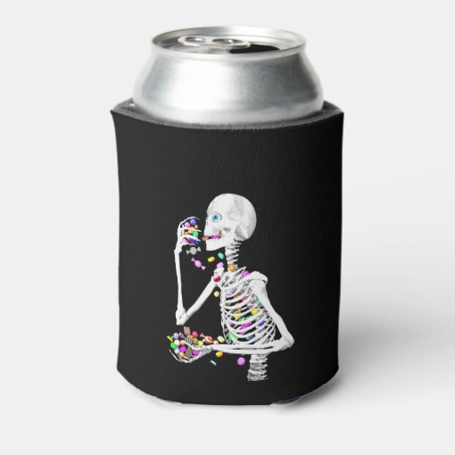 Skeleton Eating Halloween Candy Can Cooler | Zazzle