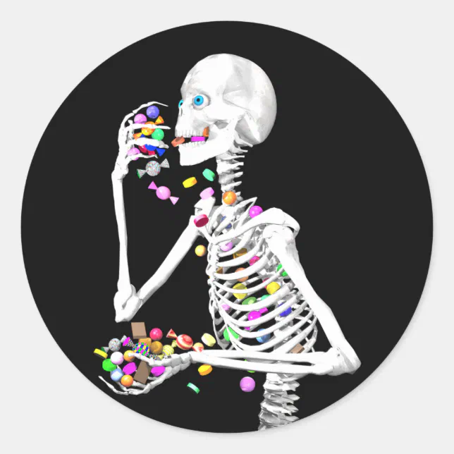 Skeleton Eating Halloween Candy Classic Round Sticker | Zazzle