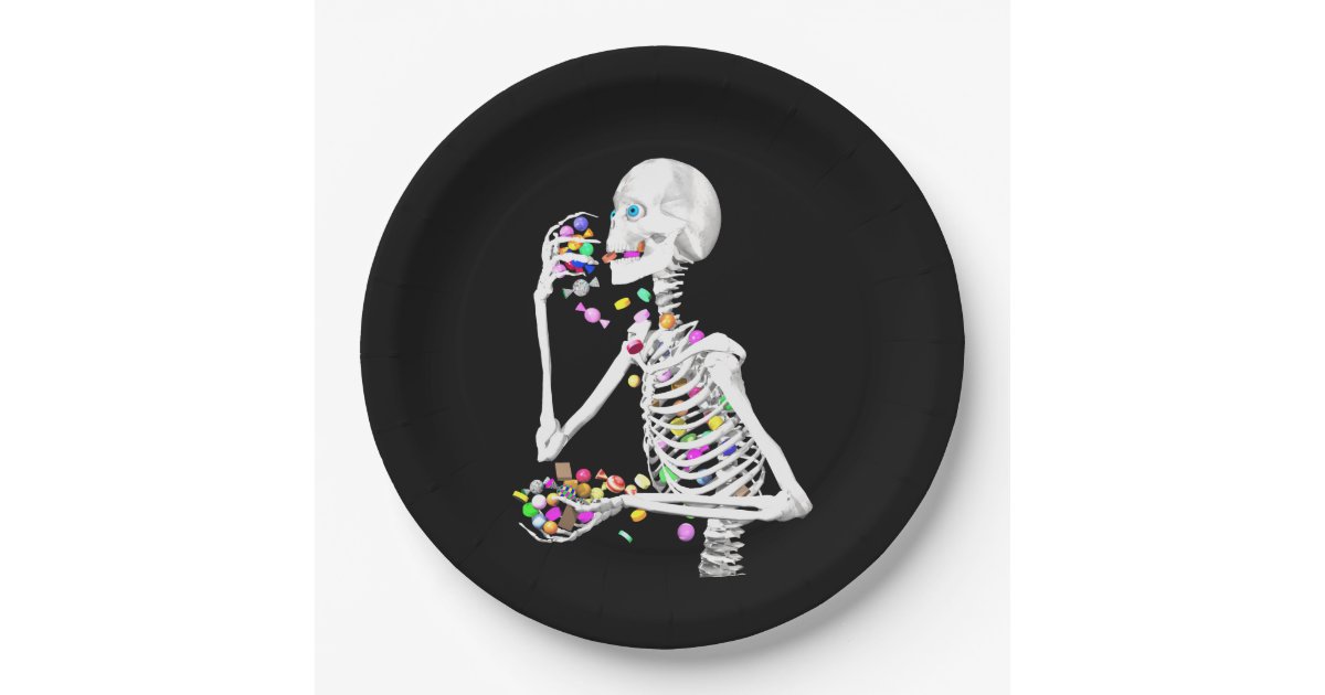 Skeleton Eating Halloween Candy Paper Plates | Zazzle