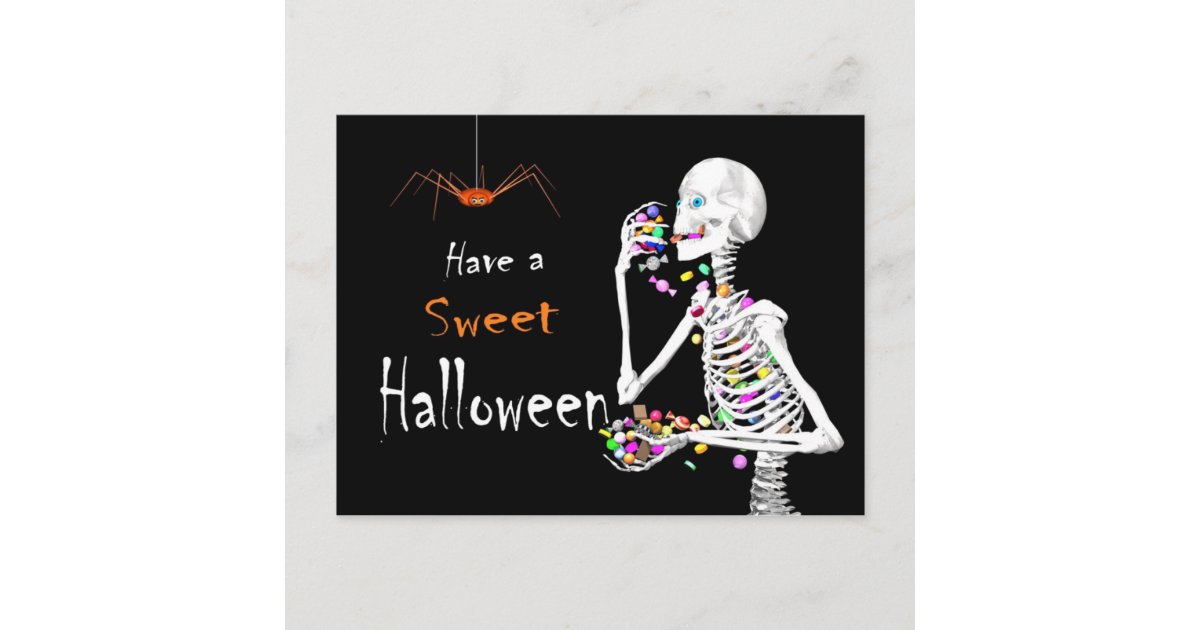 Skeleton Eating Halloween Candy (with Spider) Postcard | Zazzle
