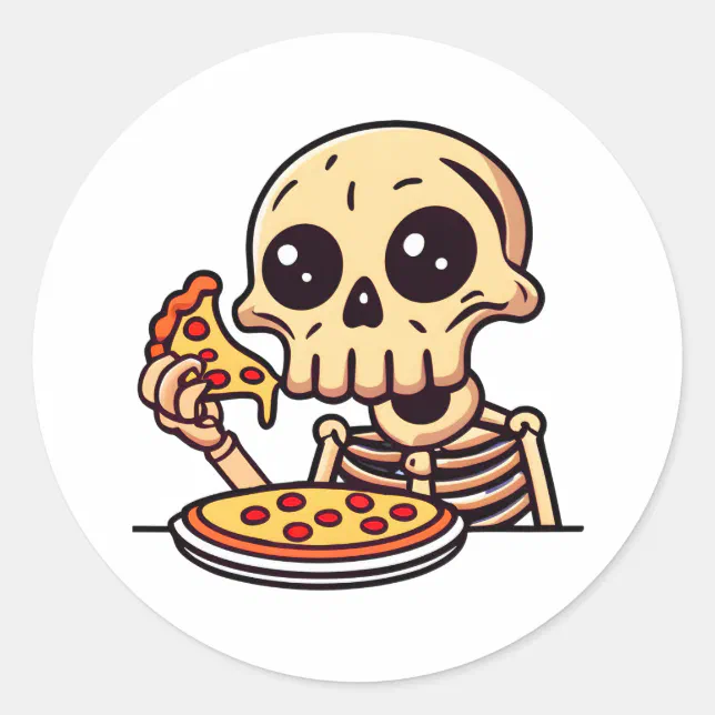 Skeleton Eating Pizza Cartoon Classic Round Sticker | Zazzle