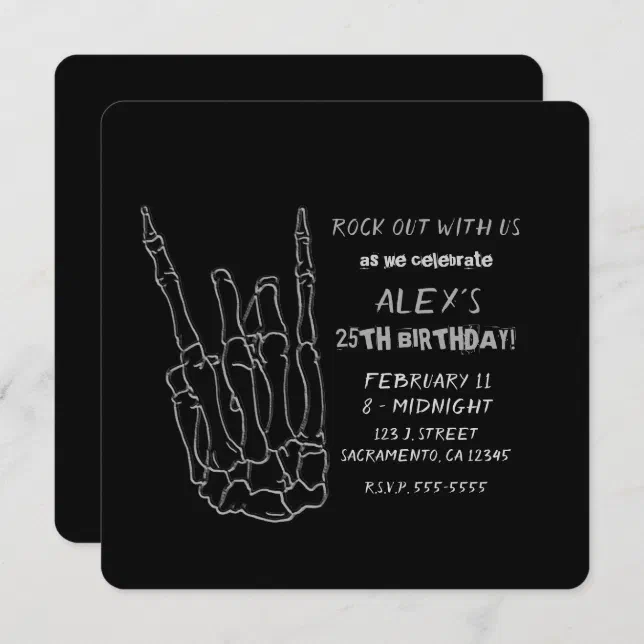 Skeleton Hand Rock Star Black Birthday Party Invitation | Zazzle