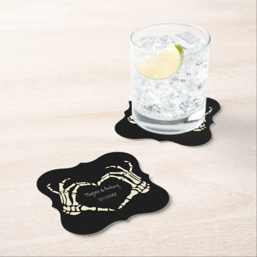 Skeleton Hands Heart Shape Custom Wedding Paper Coaster | Zazzle