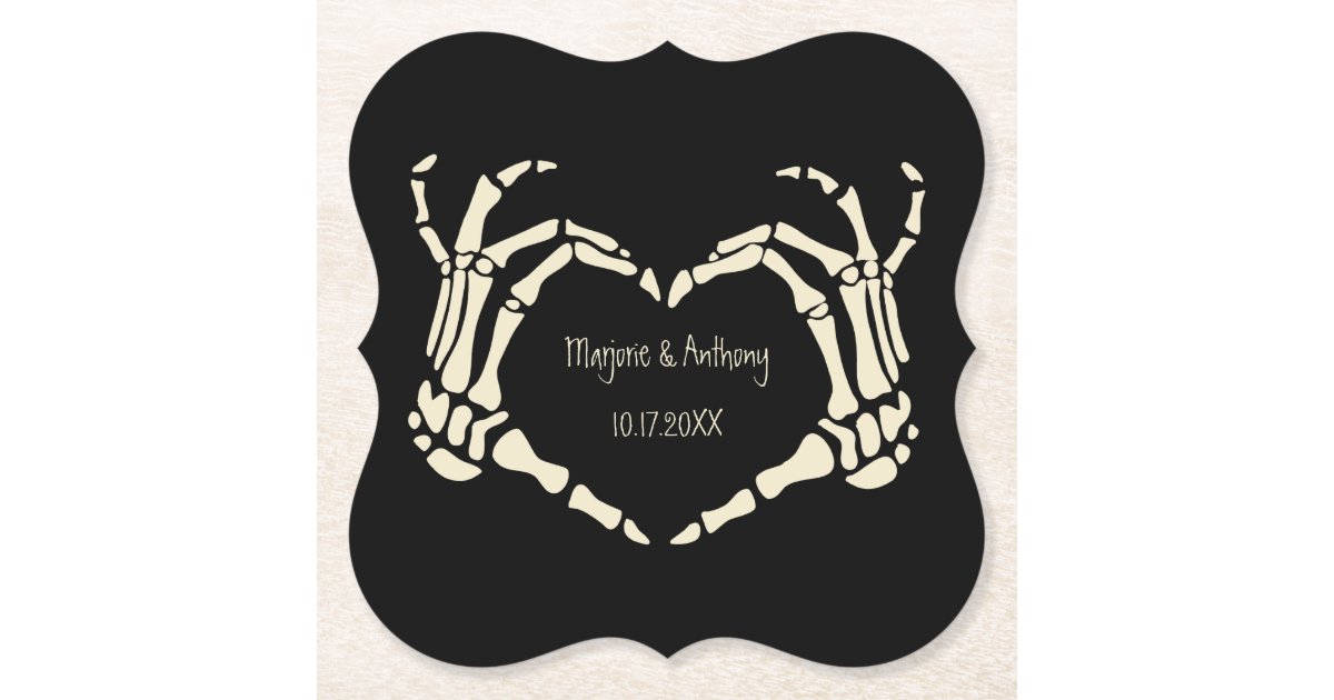 Skeleton Hands Heart Shape Custom Wedding Paper Coaster | Zazzle