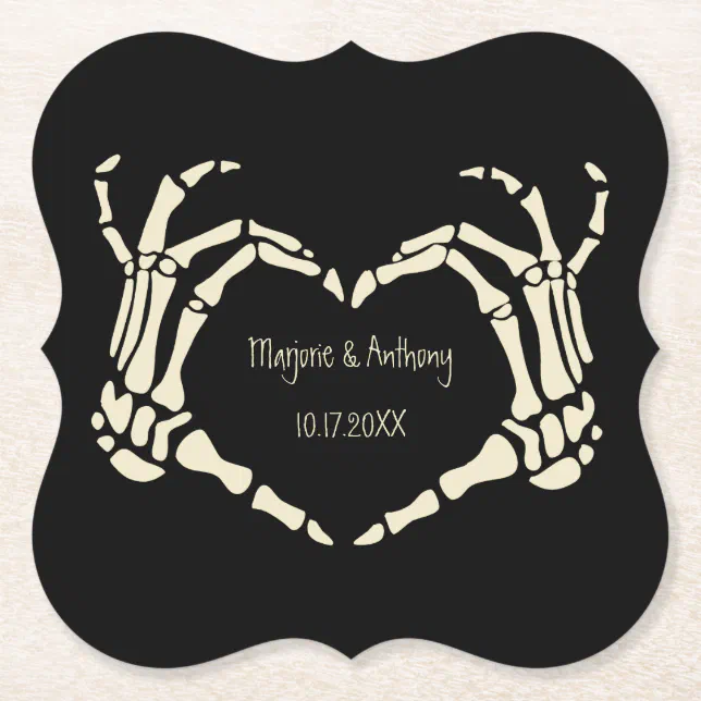Skeleton Hands Heart Shape Custom Wedding Paper Coaster | Zazzle