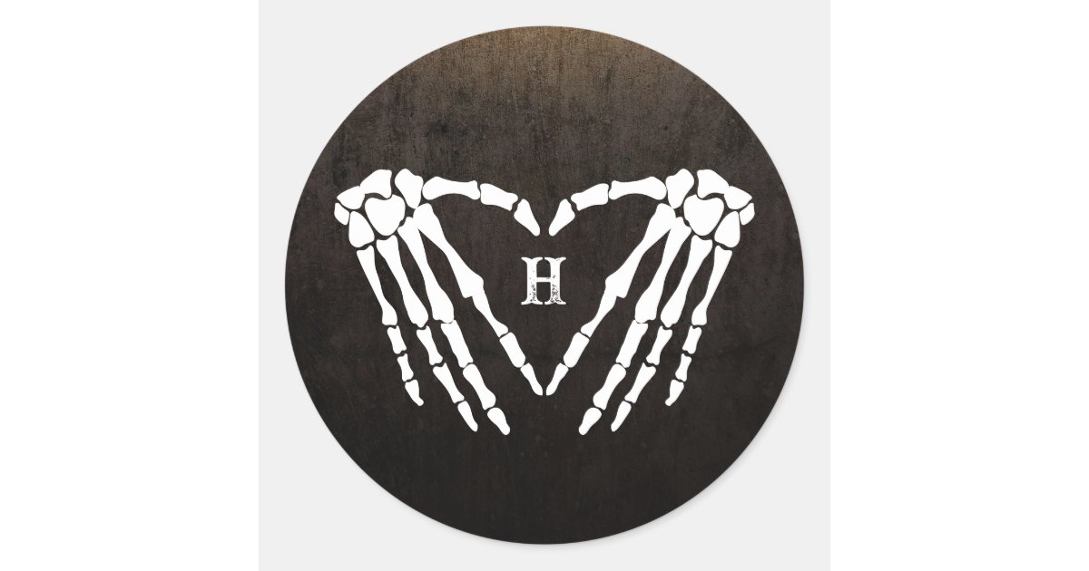 Skeleton Heart Monogram Goth Halloween Wedding Classic Round Sticker ...