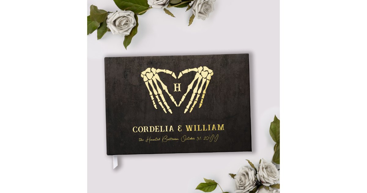 Skeleton Heart Monogram Goth Halloween Wedding Foil Guest Book | Zazzle