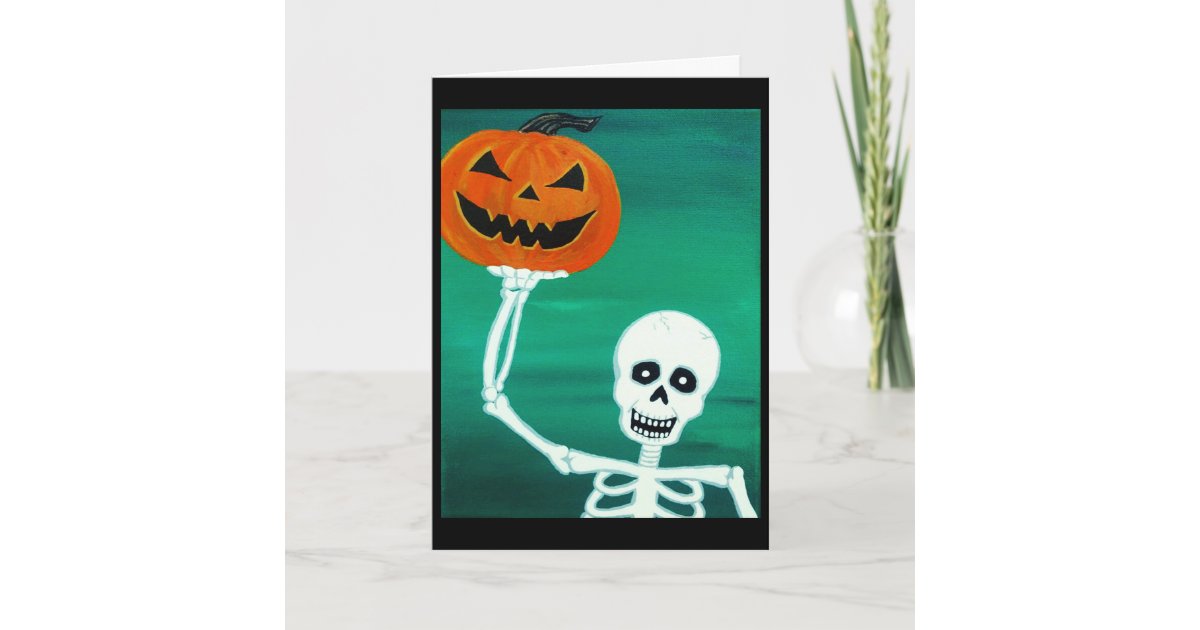 Skeleton holding Pumpkin Halloween Greeting Card | Zazzle