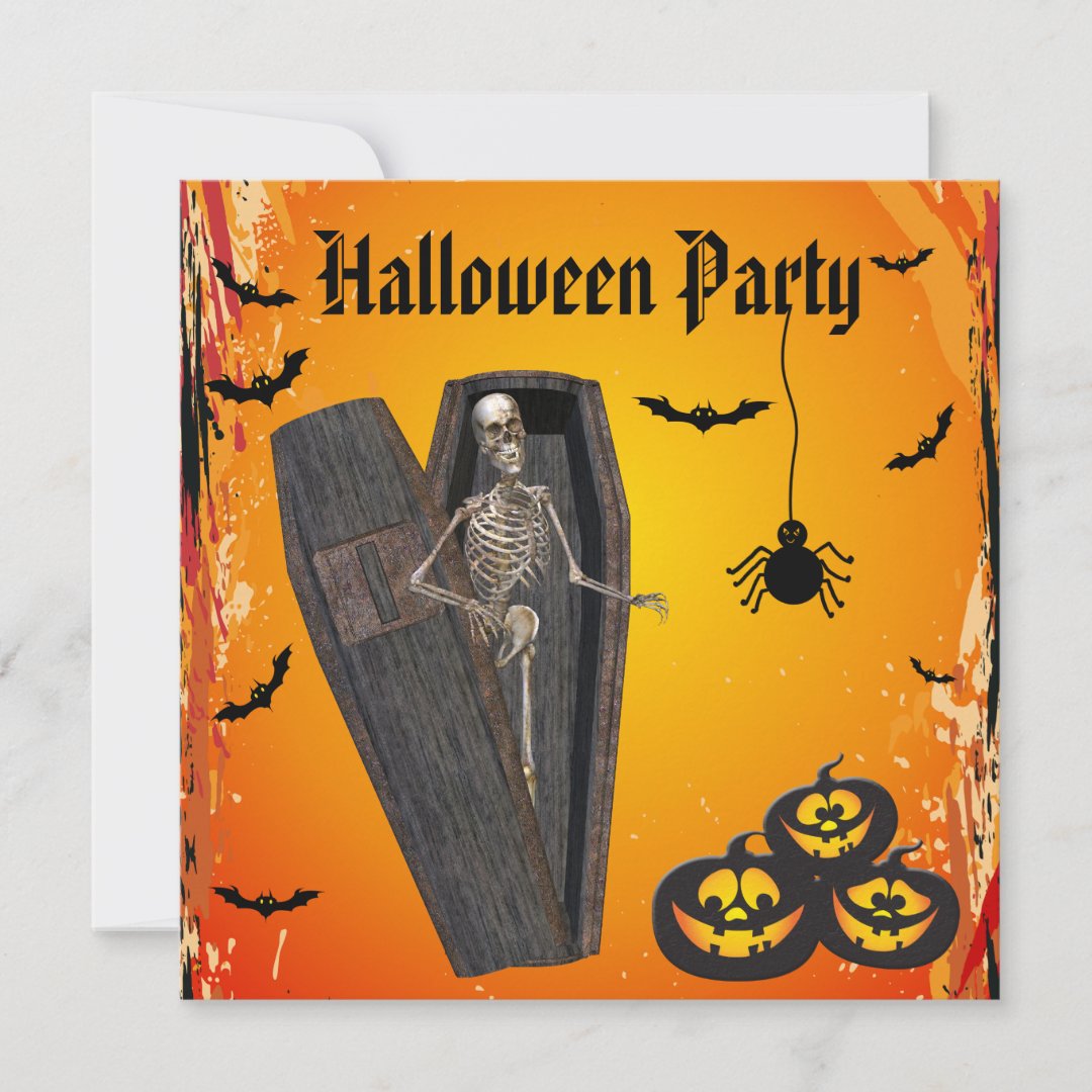 Skeleton in Coffin & Pumpkins Halloween Party Invitation | Zazzle
