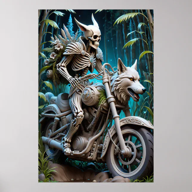 skeleton on a chopper mounted with a wolf head poster | Zazzle