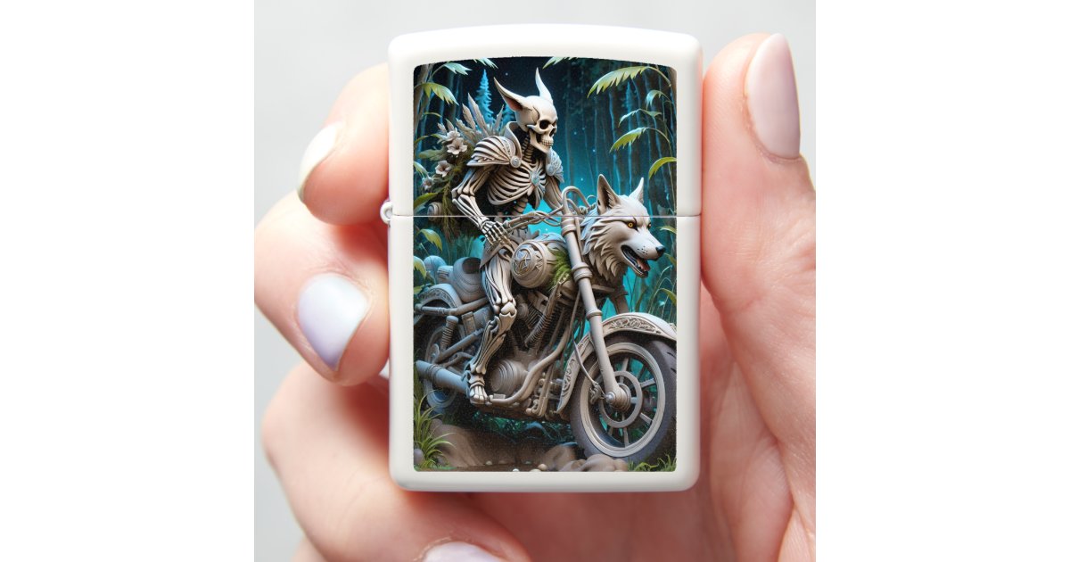 skeleton on a chopper mounted with a wolf head zippo lighter | Zazzle