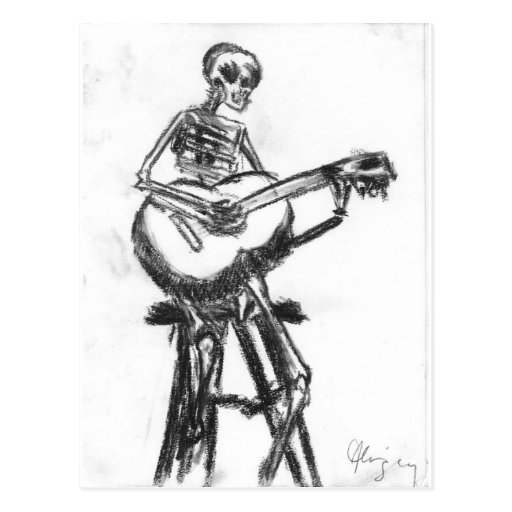 Skeleton Playing Guitar Charcoal Drawing Postcard | Zazzle
