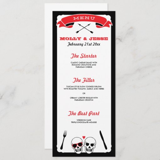Skeleton Wedding Dinner Menu - Black and Red | Zazzle