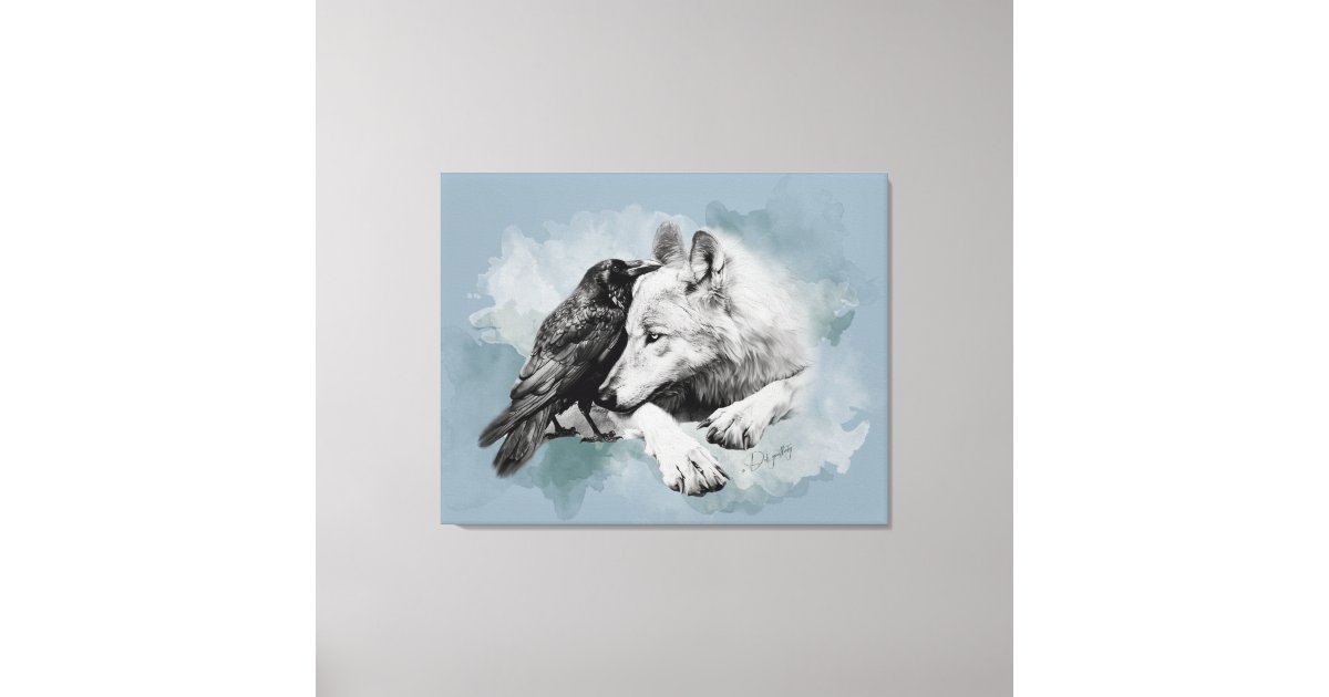 Sketch Black and White Wolf and Crow Canvas Print | Zazzle