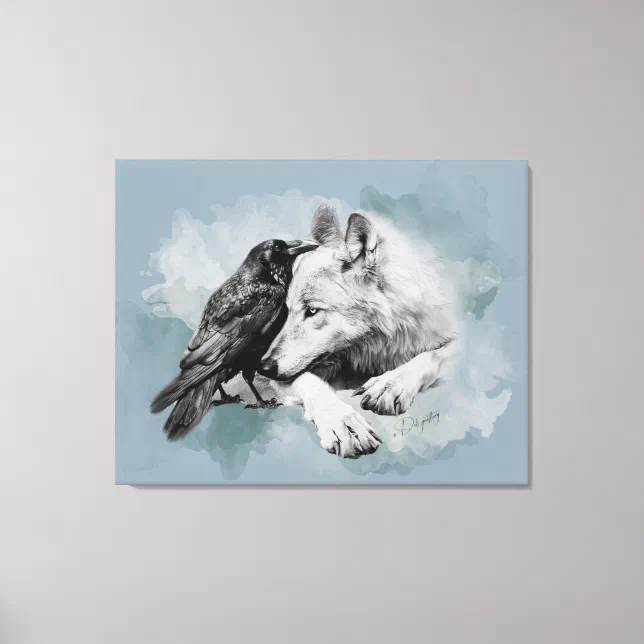 Sketch Black and White Wolf and Crow Canvas Print | Zazzle