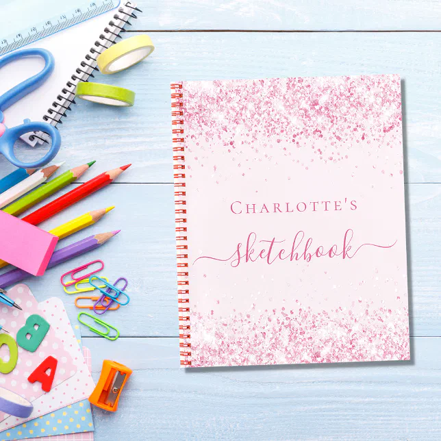 Sketchbook blush pink glitter name script notebook | Zazzle