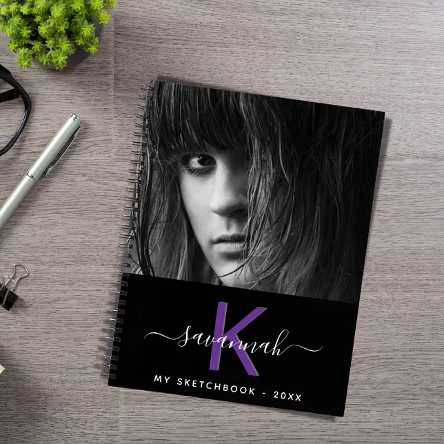 Sketchbook custom photo black purple monogram notebook | Zazzle