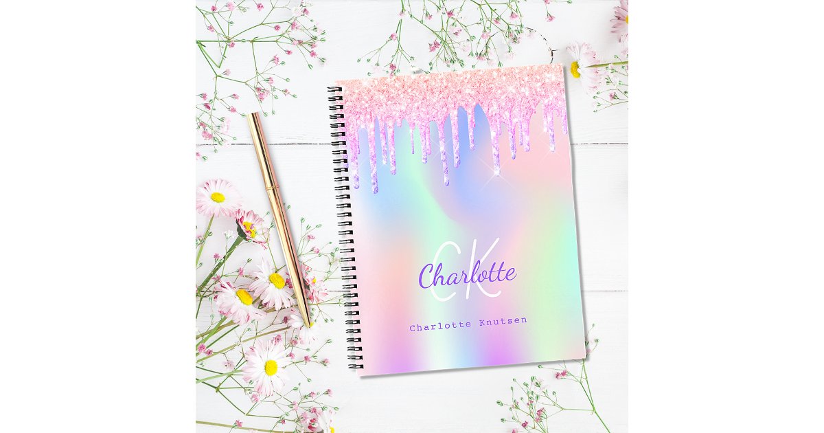 Sketchbook glitter drips rainbow pink monogram notebook | Zazzle