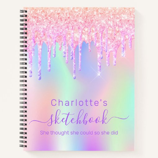 Sketchbook glitter holographic pink motivational notebook | Zazzle