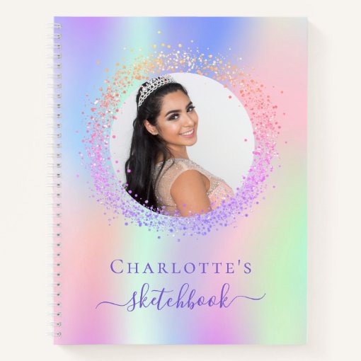 Sketchbook holographic pink purple photo girl notebook | Zazzle