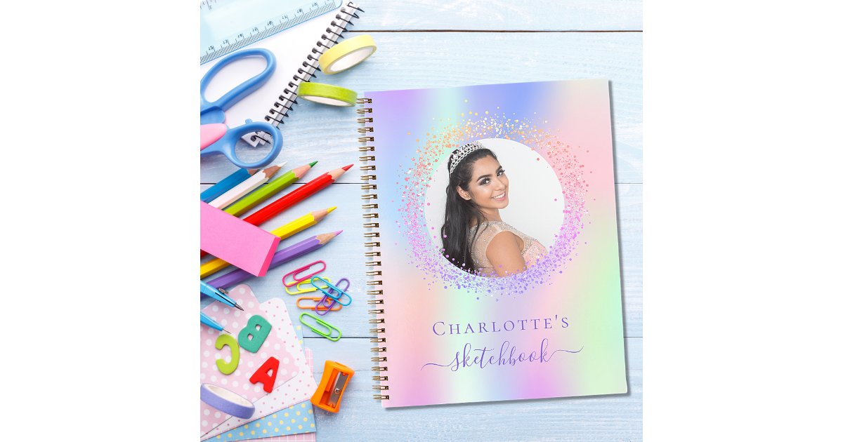 Sketchbook holographic pink purple photo girl notebook | Zazzle