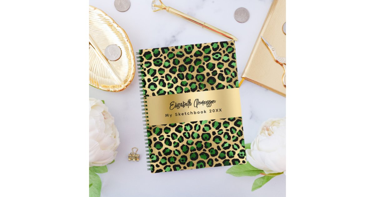 Sketchbook leopard pattern emerald green gold notebook | Zazzle