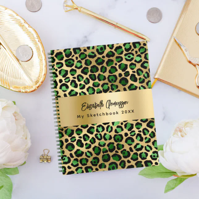 Sketchbook leopard pattern emerald green gold notebook | Zazzle